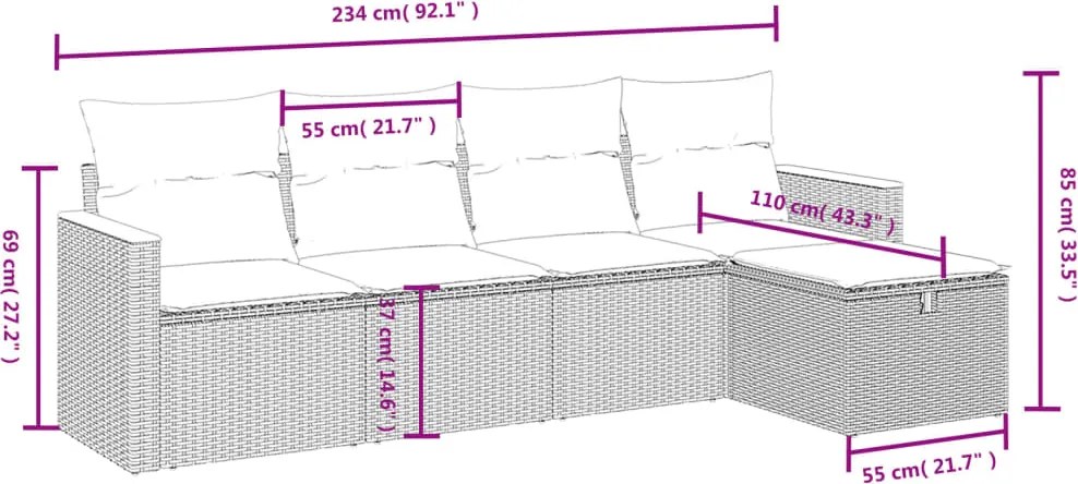 5dílná zahradní sedací souprava s poduškami černá polyratan 3265284