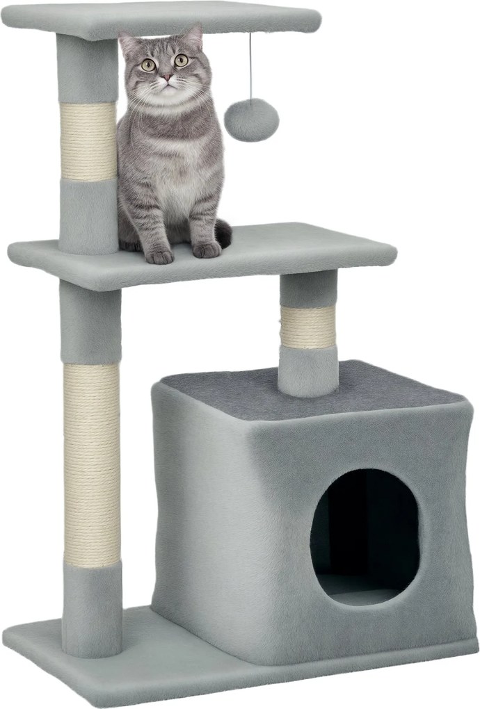 PawHut Kočičí Škrabadlo 81,5 cm s Sijouxovými Sloupci, 2 Platformami, Jaskyní a H koulej, Stylový Design 50x30x81,5 cm Tmavě šedá | Aosom