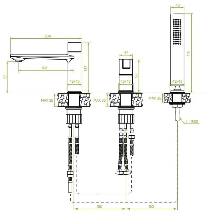 Laveo Tores, 3-otvorová vanová baterie, grafitová, LAV-BVT_913D