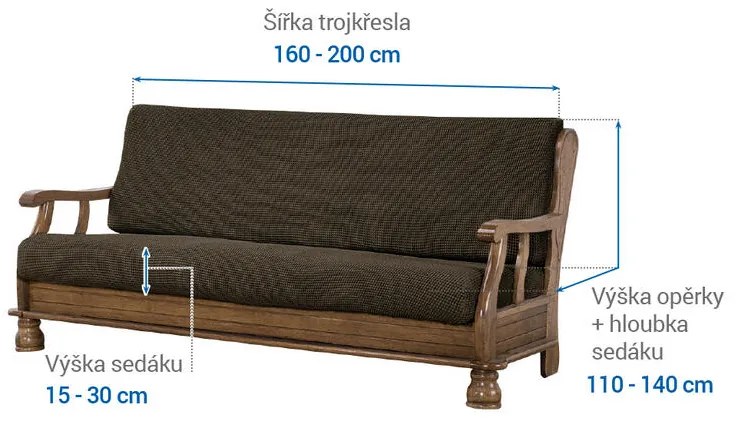 Super strečové potahy NIAGARA tabáková trojkřeslo s dřevěnými rukojeťmi (š. 160 - 200 cm)