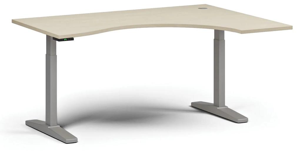 Výškově nastavitelný stůl, elektrický, 675-1325 mm, ergonomický pravý, deska 1600x1200 mm, šedá podnož, bříza
