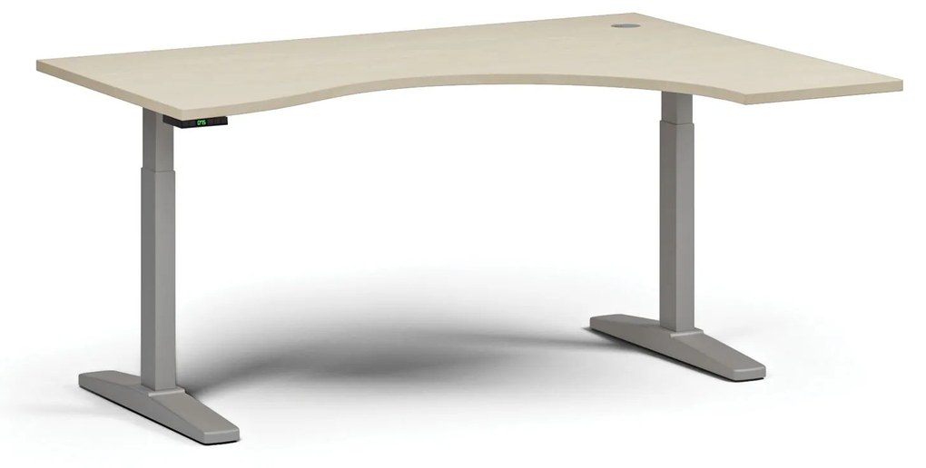 Výškově nastavitelný stůl, elektrický, 675-1325 mm, ergonomický pravý, deska 1600x1200 mm, šedá podnož, ořech