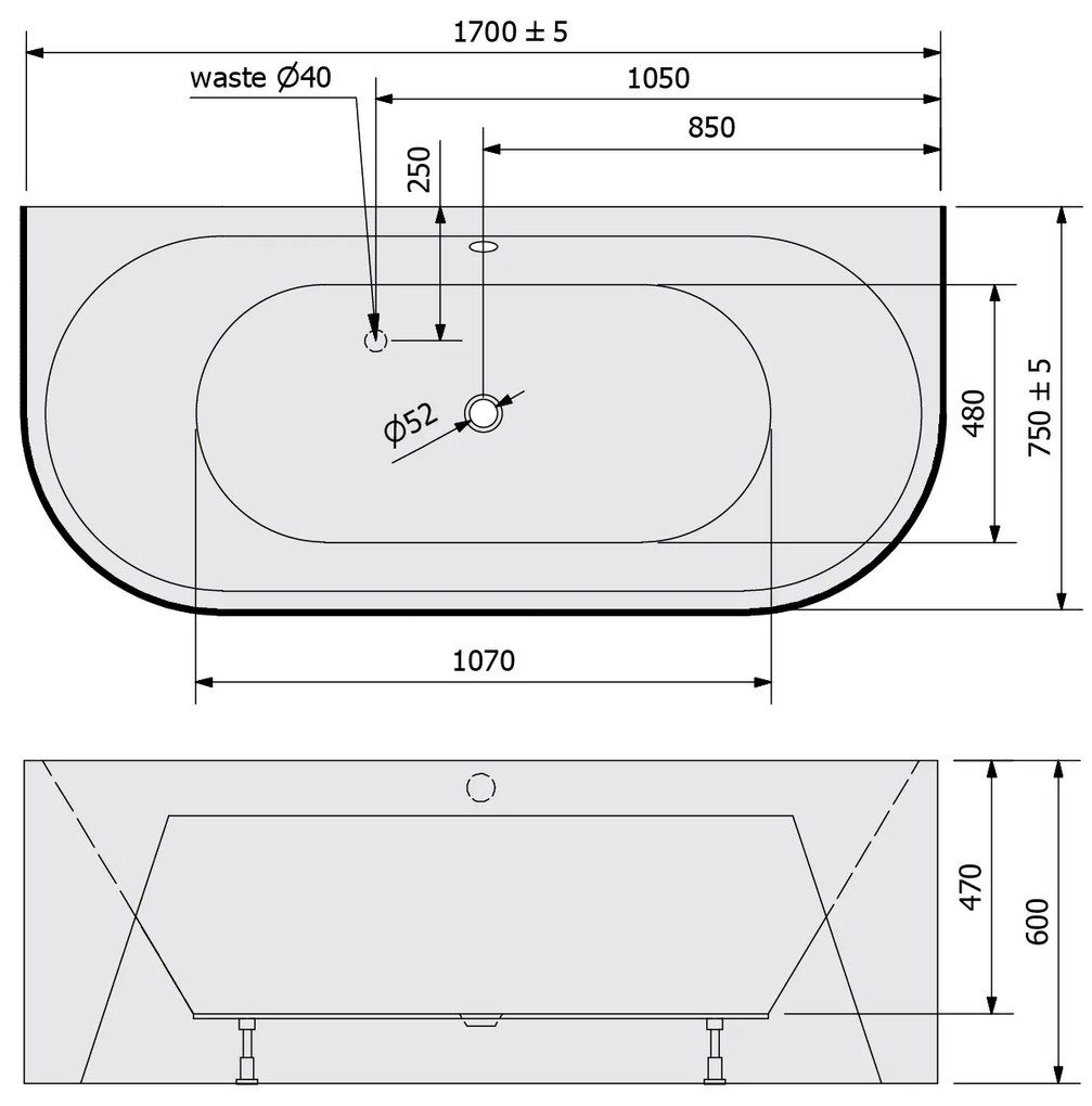Polysan VIVA D MONOLITH akrylátová vana 170x75x60cm, bílá/černá, 89119MB