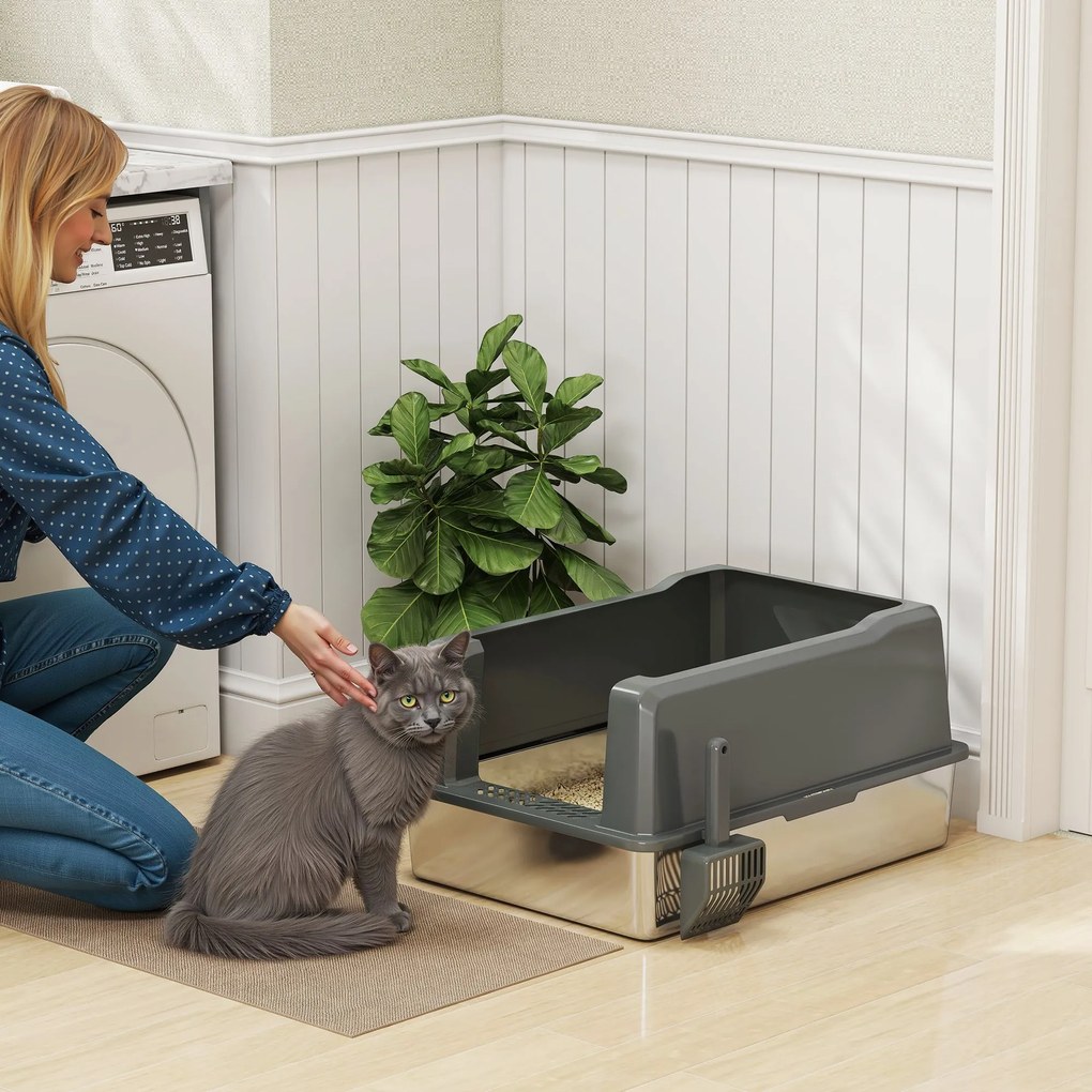 PawHut XXL Nerezová Kočičí Toaleta, 85L Velká Kapacita, Polouzavřený Dům pro Kočky, se Škrabkou a Protiskluzovými Podložkami, Snadné Údržba, 71 x 50,…