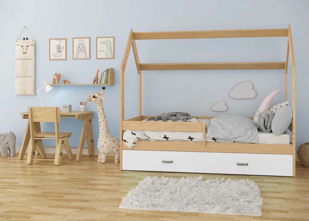 Dětská postel Domek 80x160 cm D3, rošt ZDARMA - borovice (Barva zábrany: Bílá, Barva úložného prostoru: Šedá, Volba matrace: S matrací)