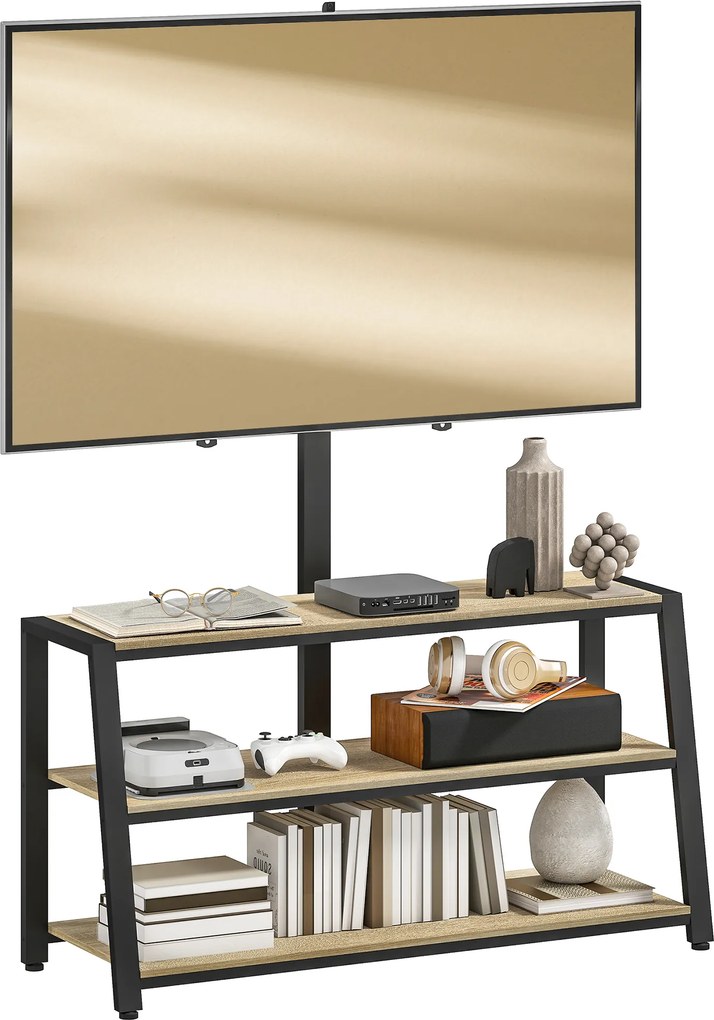 HOMCOM TV nábytek s držákem pro televizory přibližně 81–178 cm, otevřené police, nastavitelný úhel 35°, 108x41x135 cm, přírodní dřevěný vzhled
