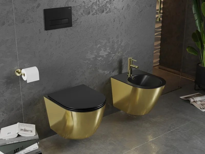 Mexen Lena wc mísa Rimless s pomalu zavírajícím tenkým sedátkem, duroplast, černá matná/zlatá - 30224076
