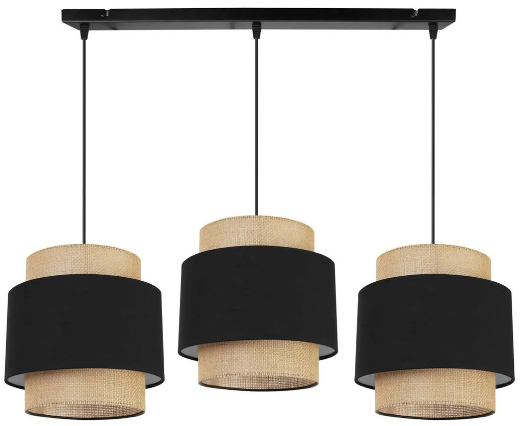 Závěsné svítidlo Boho, 3x jutové/černé textilní stínítko
