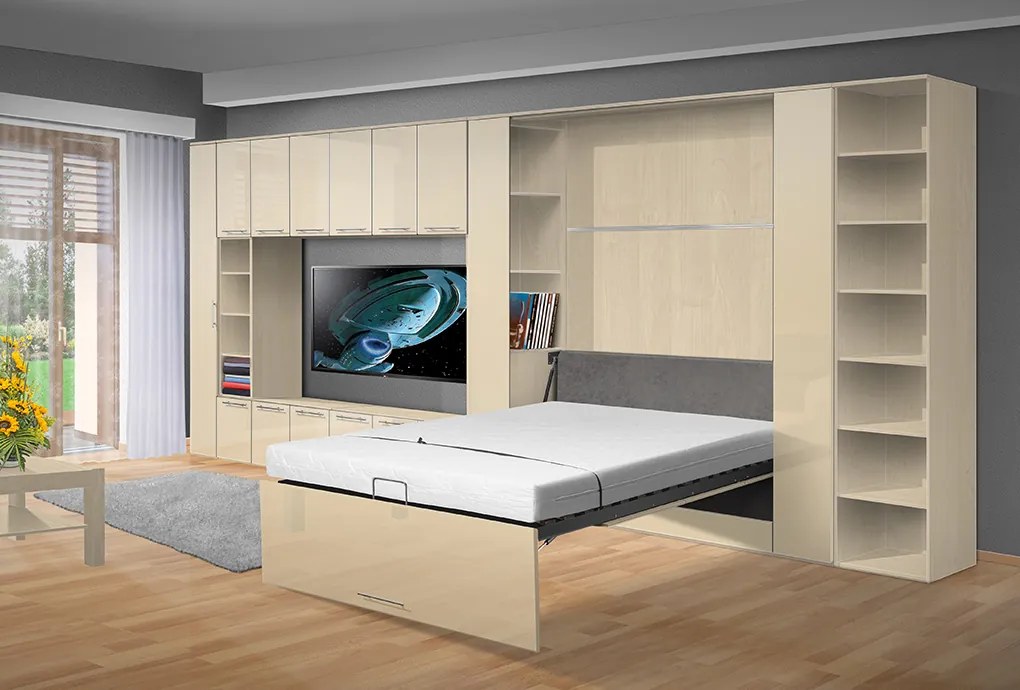 Obývací sestava s výklopnou postelí VS 4070P, 200x160cm odstín lamina - korpus: bříza, odstín dvířek: béžová lesk