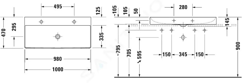 DURAVIT - DuraSquare Dvojumyvadlo nábytkové 1000x470 mm, bez přepadu, 2 otvory pro baterie, DuraCeram, bílá (2353100072)