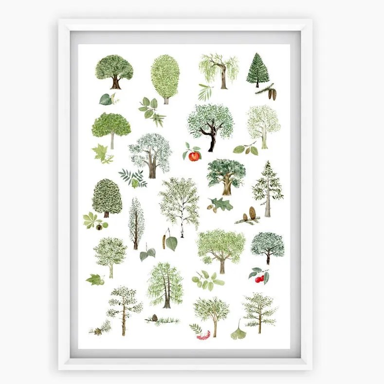 MANKAI Paper Plakát Stromy A3, zelená barva, bílá barva, papír