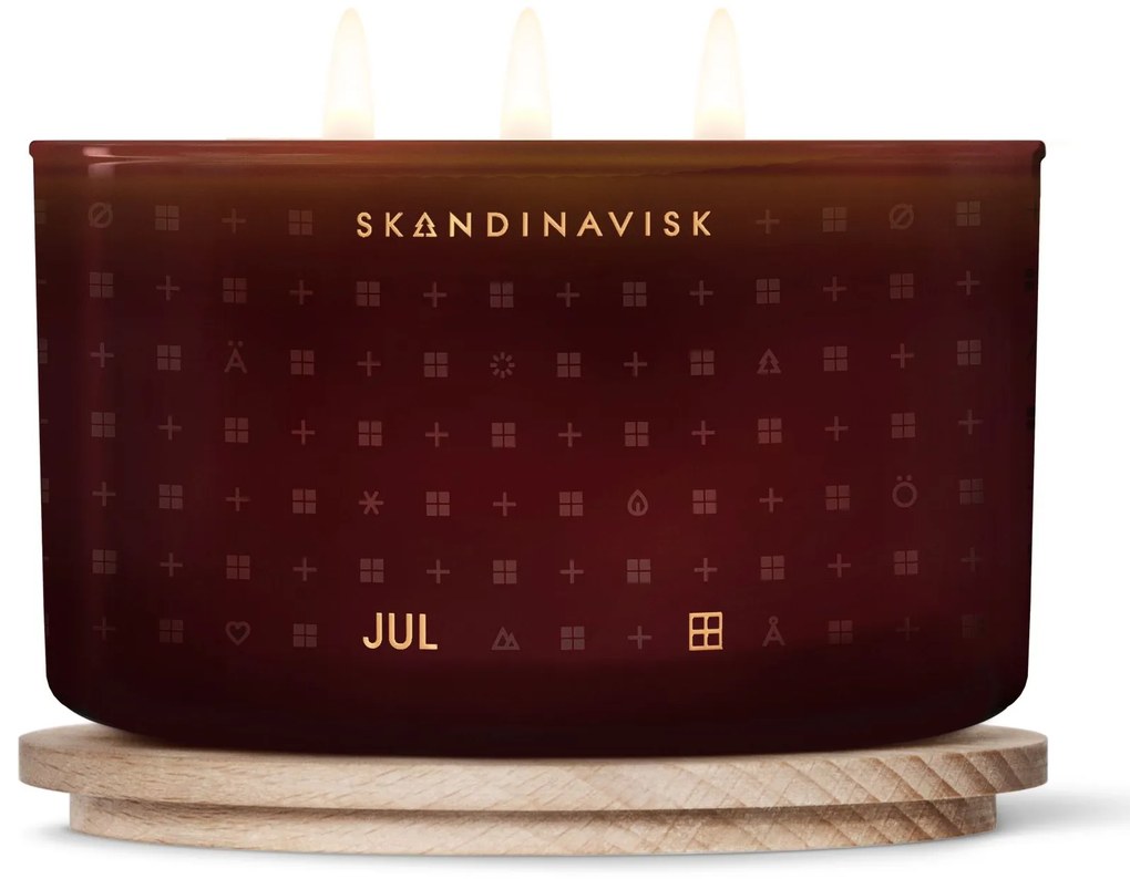 SKANDINAVISK Vonná svíčka JUL (Vánoce) 475 g, červená barva, sklo, dřevo, vosk