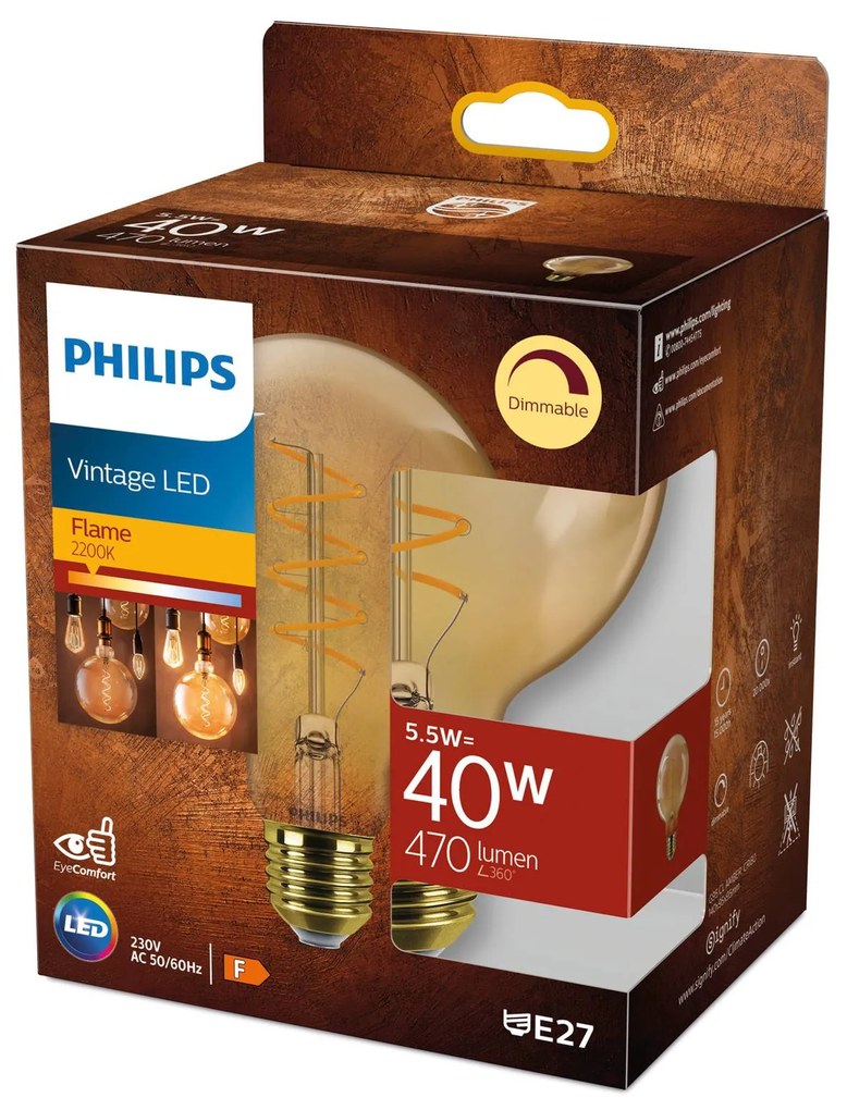 Philips E27 LED globe G95 5,5W dim 2 200K zlatá