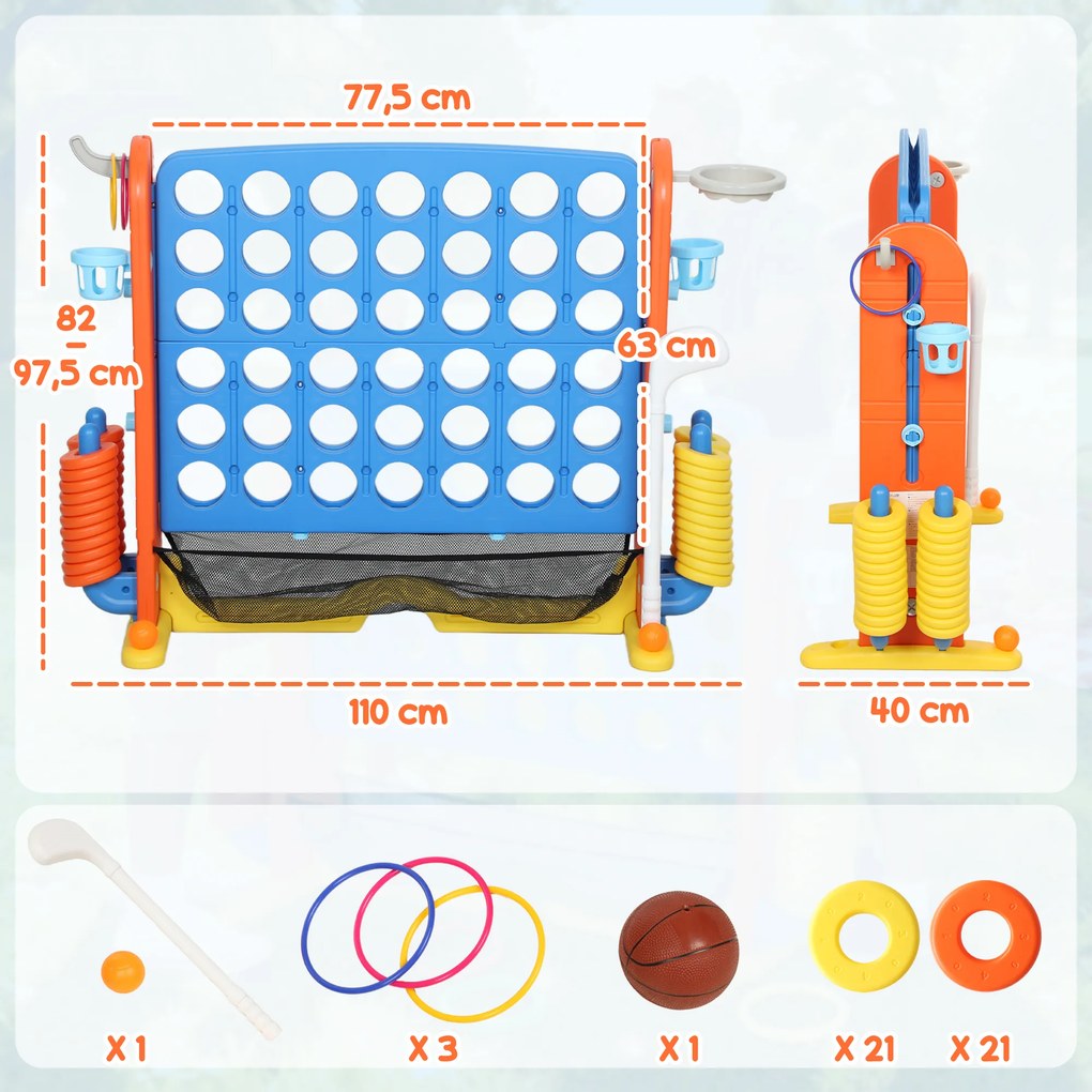 AIYAPLAY 4-v-1 herní set, Čtyři v řadě, výškově nastavitelný, síťová taška, plast, barevný