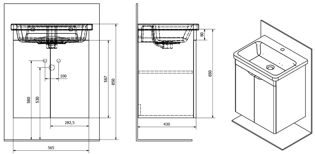 Sapho ELLA umyvadlová skříňka 56,5x65x43cm, 2x dvířka, bílá, EL065-3030