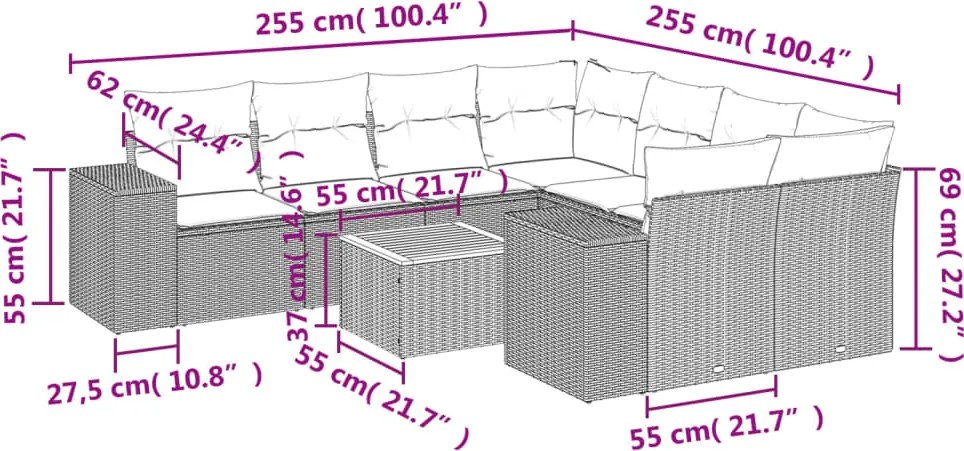 9dílná zahradní sedací souprava s poduškami šedá polyratan 3257705