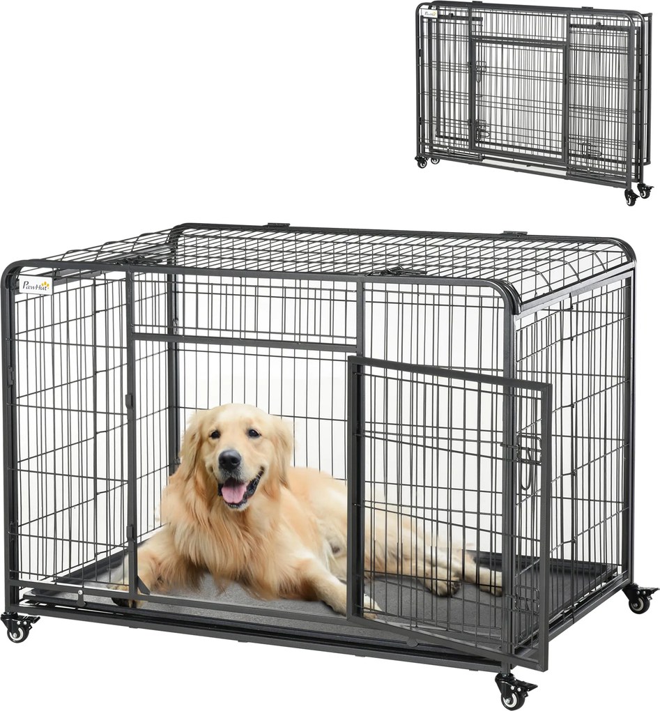 PawHut Skládací Kovová Klec pro Velké Psy 125x76x81 cm s Kolečky a Brzdami, Odnímatelný Tácek a Dveře s Zámky pro Golden Retriever a Labradory Tmavě Š