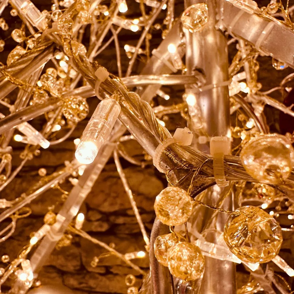 Eco Fix LED světelný řetěz, venkovní s krystalky, teple bílá s FLASH, 8 m, 80 diod, zlatý kabel, IP44, 24V