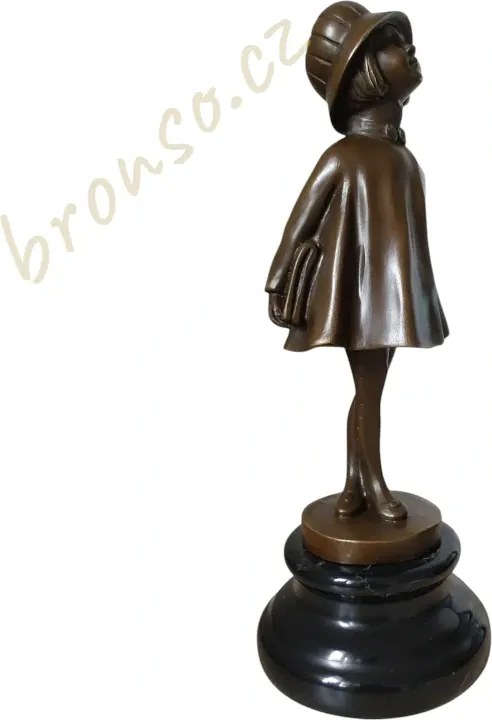 Socha studentky s aktovkou – bronz na mramorovém podstavci – Art Deco figurka – elegantní dekorace