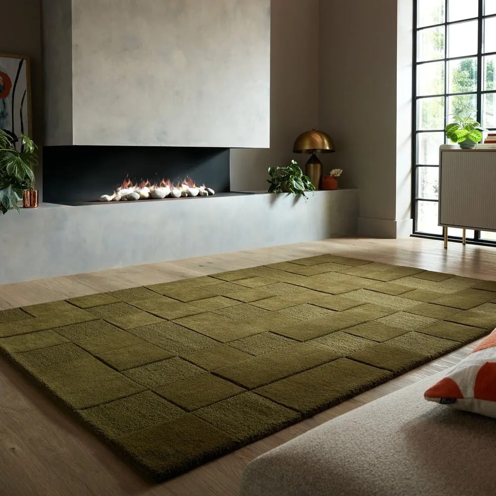 Khaki ručně tkaný vlněný koberec 200x290 cm Checkerboard – Flair Rugs