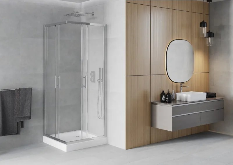Mexen Rio, čtvercový sprchový kout 80 x 80 cm, 6mm čiré sklo, chromový profil + bílá sprchová vanička RIO, 860-080-080-01-00-4510