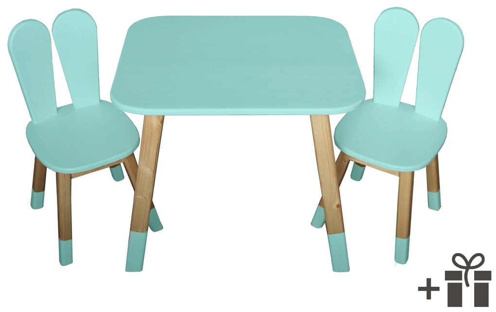 Set dětského nábytku (stoleček + 2 x židlička) ouška + DÁREK barva: mintová