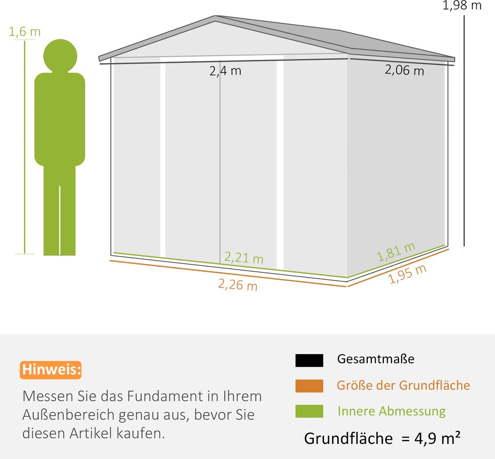 Outsunny Zahradní Kůlna 4,4 m², Zahradní Dům s Pultovou Střechou, Posuvné Dveře, Základna, Snadná Montáž 240 x 206 x 198 cm, Kůlna z Pozinkované Ocel…