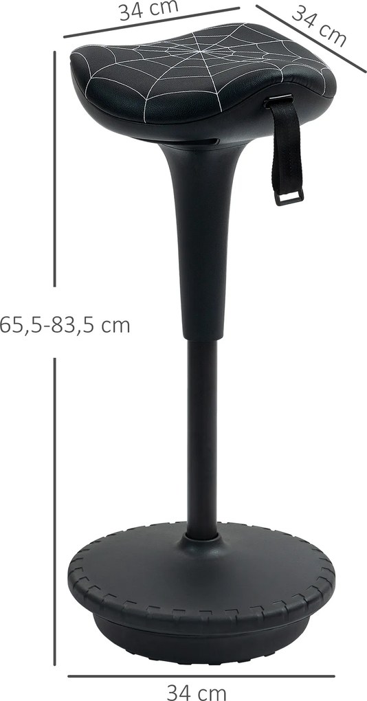 Vinsetto ergonomická otočná sedlová stolička — výškově nastavitelná 65,5–83,5 cm, náklon 120°, protiskluzová, černá