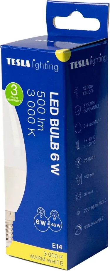 TESLA LED žárovka Candle C37, E14, 6W, 230V, 500lm, 25 000h, 3000K, 220°