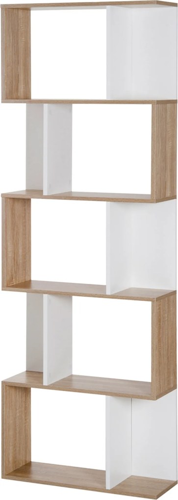 HOMCOM 5-patrová knihovna Dřevěný regál S-tvarovaný Moderní design pro obývací pokoj a kancelář 60x24x184,5 cm Bílá a dřevo