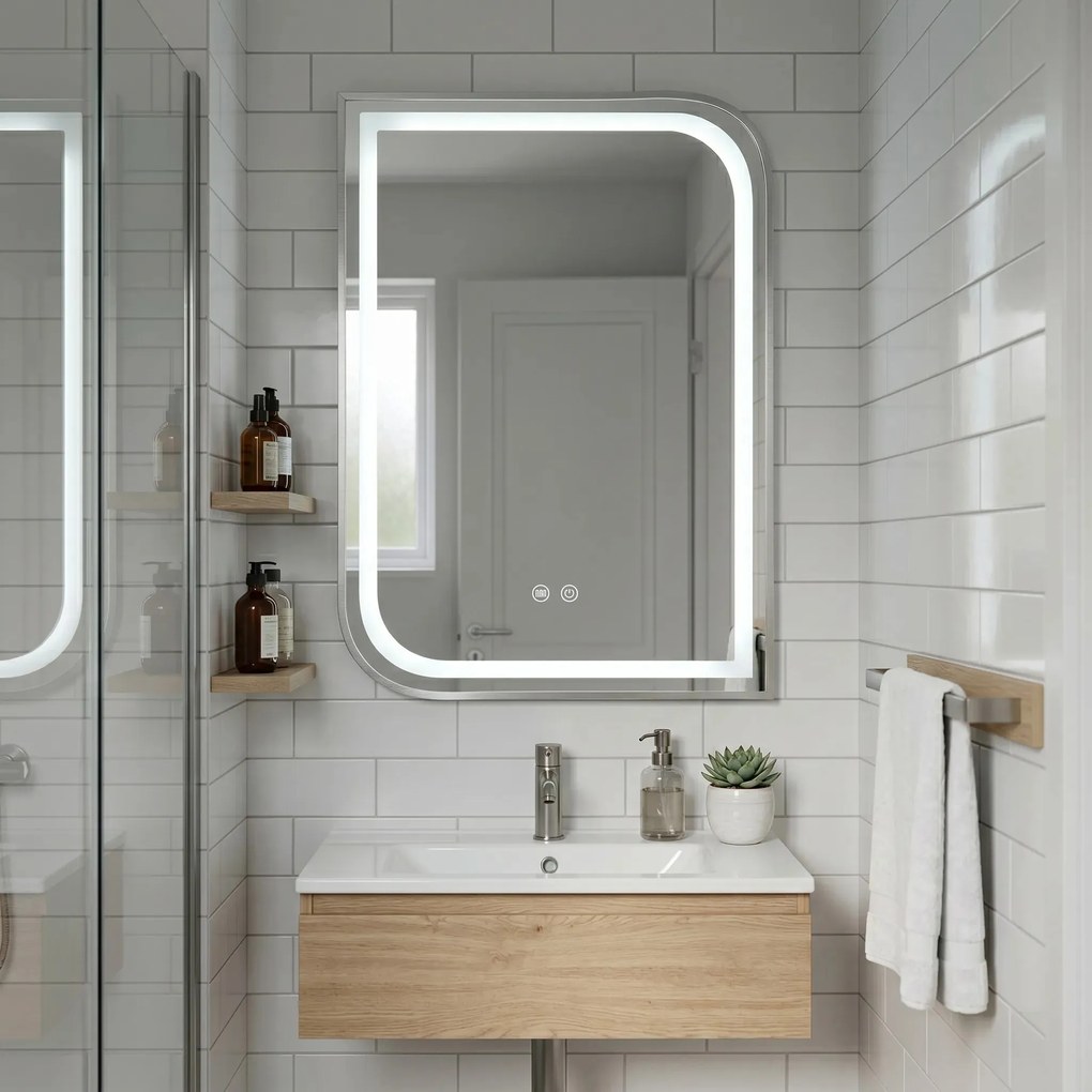 Rea Zrcadlo 80x60 cm s vyhříváním a regulovatelným LED osvětlením HOM-00301 kartáčovaný nikl