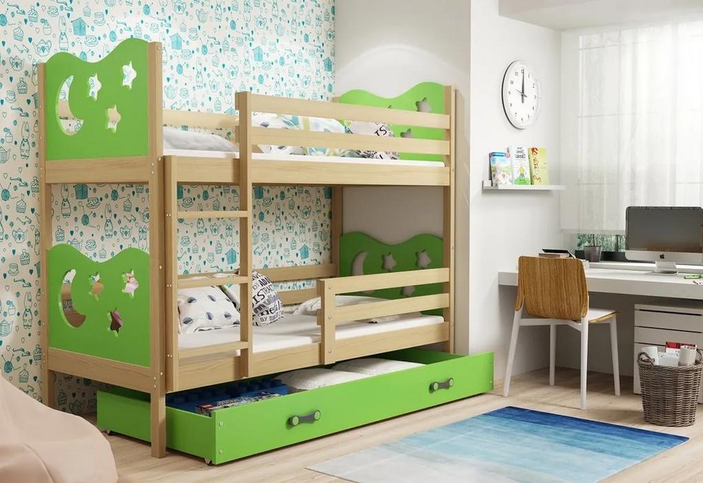 Patrová postel KAMIL 2 + úložný prostor + matrace + rošt ZDARMA, 80x190, borovice, zelená