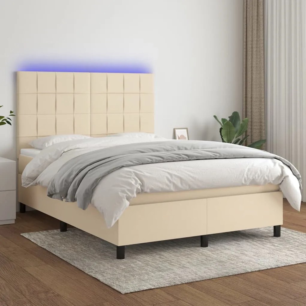 vidaXL Box spring postel s matrací a LED krémová 140x190 cm textil