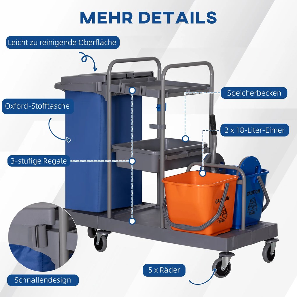 HOMCOM Úklidový vozík se sáčkem na odpadky, servisní vozík s 18L mopovými kybly, lisem a policemi pro hotely 111x63.3x103 cm Vícebarevný