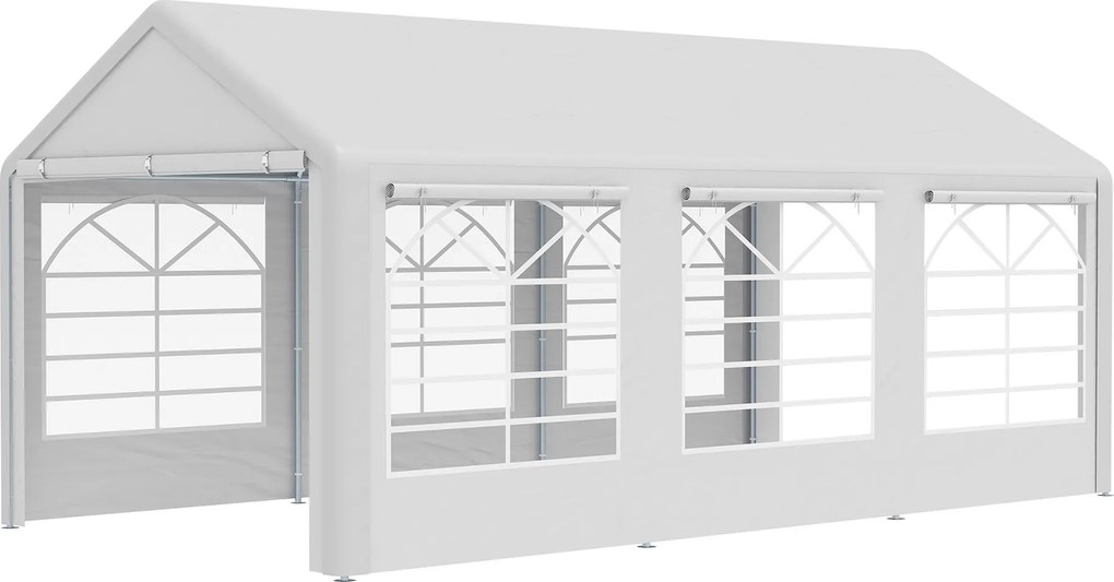 Pavilonový párty stan Outsunny 3x6m se 4 bočními stěnami a okny z polyesteru a kovu – bílý