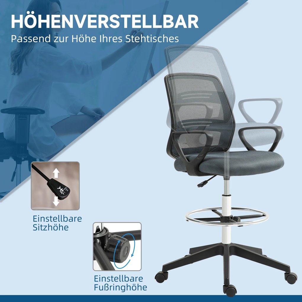 Vinsetto Kancelářská židle ergonomická židle ke stolu s područky a nastavitelným opěrným kroužkem, síťovina šedá