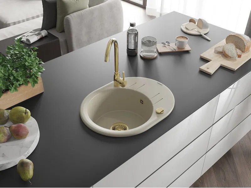 Mexen Kevin, granitový dřez 586x458x190 mm, 1-komorový, béžová se zlatým sifonem, 6517581005-69-G
