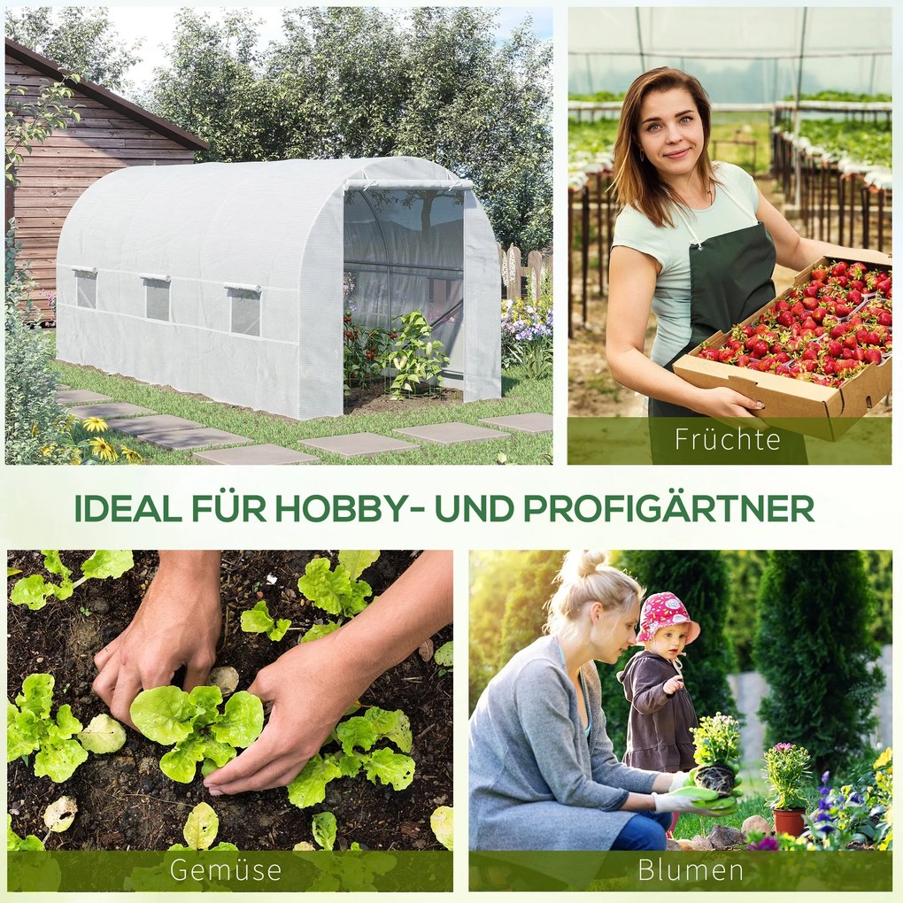 Zelený skleník Outsunny 445x200x200cm, fóliový skleník na rajčata s dveřmi, oknem, fóliovým tunelem vyrobený z pozinkované oceli, rostlinný tunel, sk…