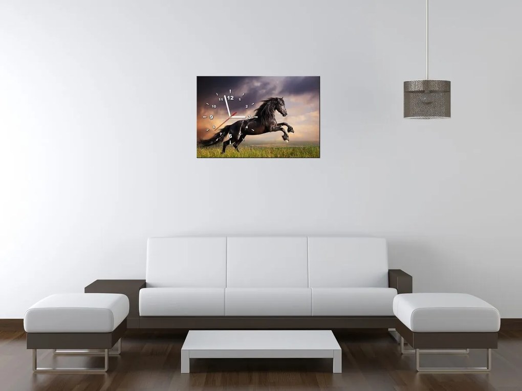Gario Obraz s hodinami Silný černý kůň Rozměry: 100 x 40 cm