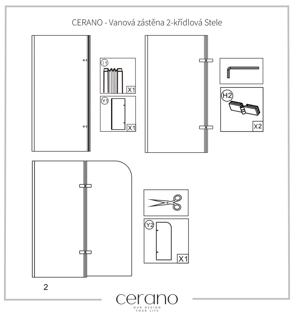 CERANO - Vanová zástěna 2-křídlová Stele L/P - černá matná, transparentní sklo - 120x140 cm