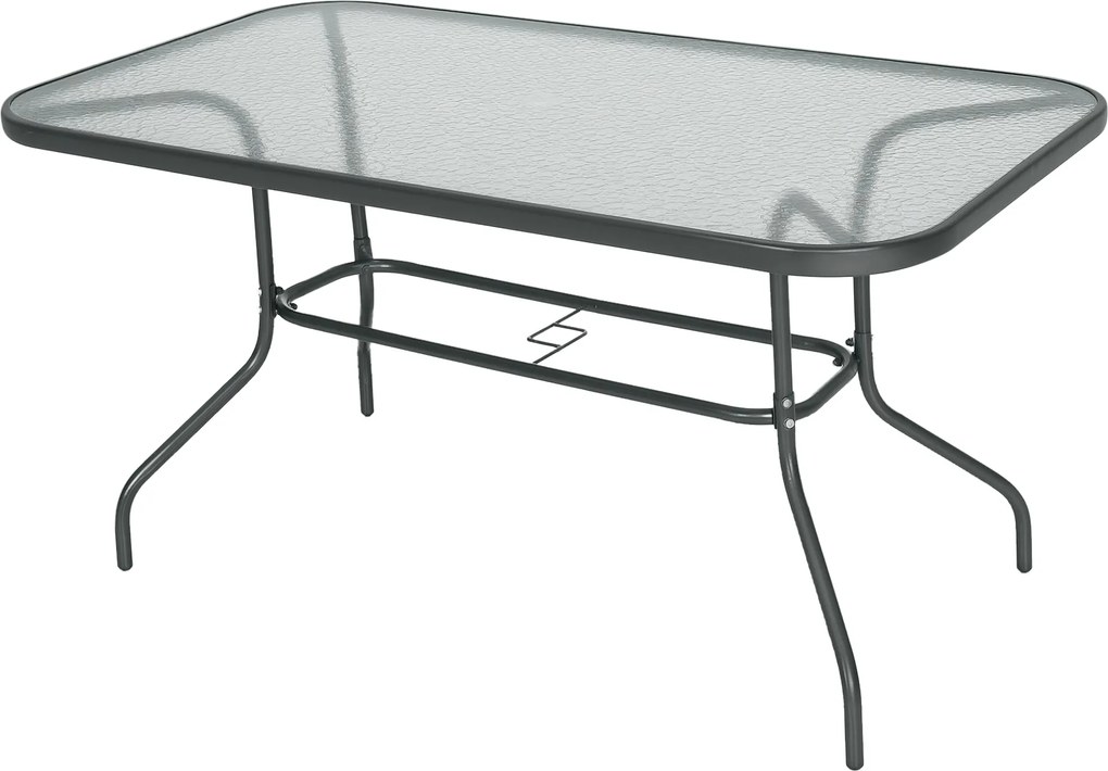Outsunny Obdélníkový Zahradní Stůl s Zakřivenými Kovovými Okraji a Otvorem pro Slunečník, Temperované Sklo 70kg Kapacita 140x80x70 cm Tmavě Šedá | Aos