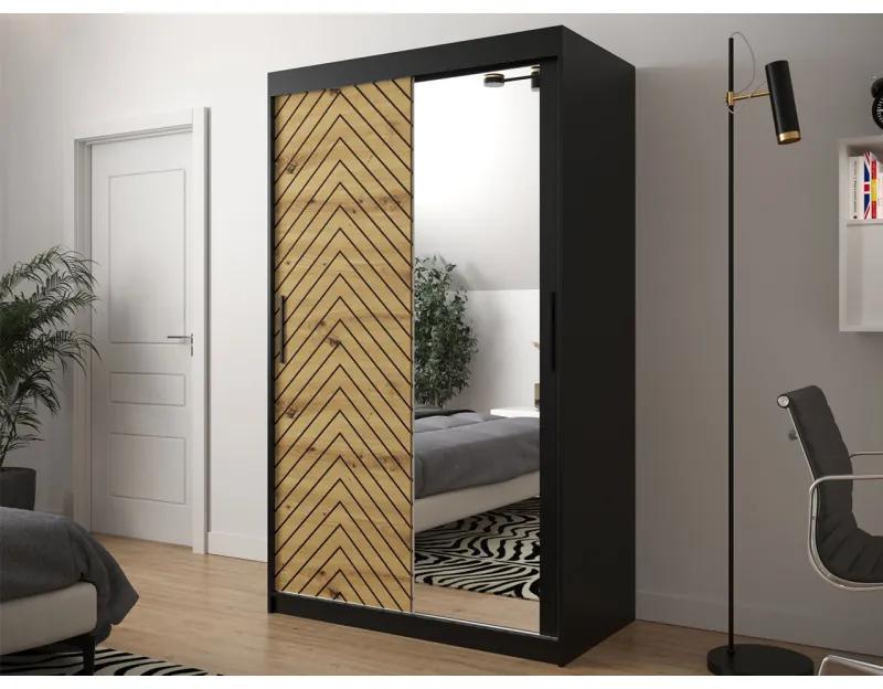 Moderní šatní skříň se zrcadlem Ratintu 2 120 cm, Úložný prostor: ano, Barva: dub artisan / dub artisan + černá