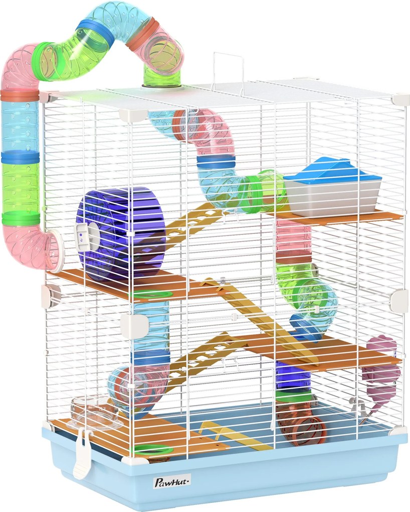PawHut klec pro křečky na 5 úrovních s trubkami, kolem, žebříkem, domkem a lahví, kov, PP a PS, 46x30x58 cm, Modrá