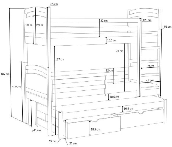 Dětská patrová postel z masivu borovice OLÍVIE s přistýlkou a šuplíky - 200x90 cm - PŘÍRODNÍ BOROVICE