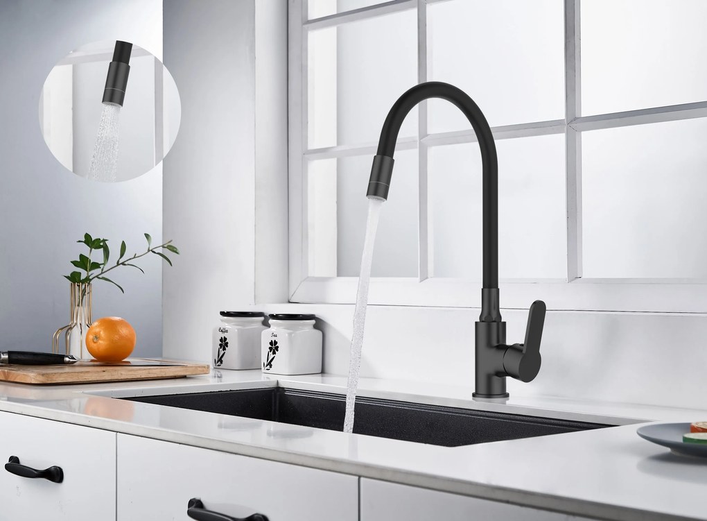Invena Ksanti, dřezová baterie s flexibilním ramenem a 2-funkčním provzdušňovačem, černá matná, INV-BZ-37-004-L