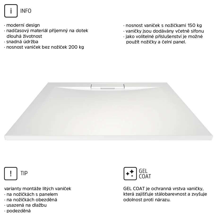 Mereo obdélníková sprchová vanička s hranatým krytem sif 120x80x3 cm vč. sif bez nožiček litý mramor bílá CV76KS