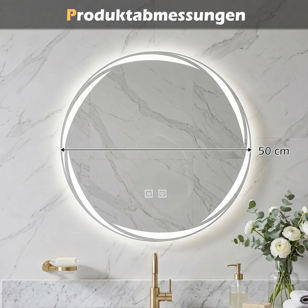 Costway Koupelnové zrcadlo s osvětlením 50 cm Kulaté LED koupelnové zrcadlo