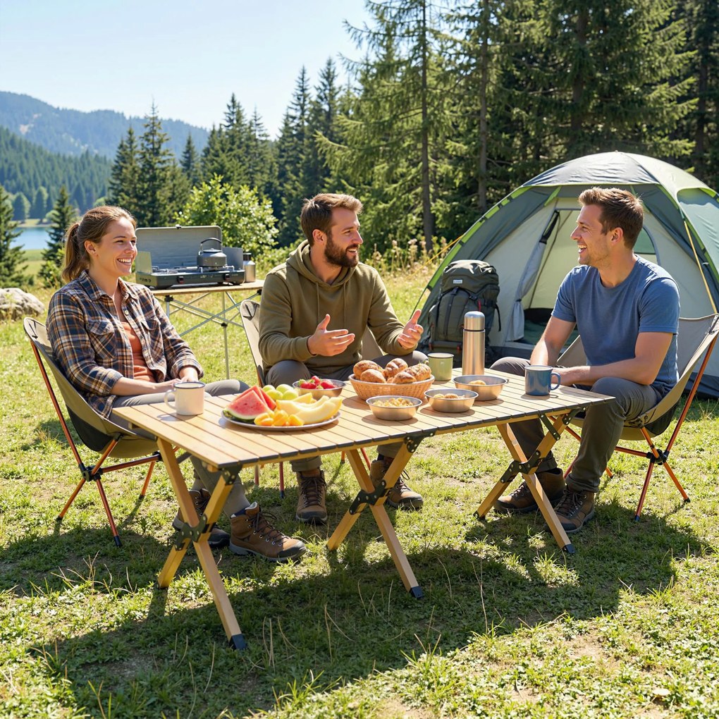 Kempingový stůl 117 x 60 cm Hliníkový skládací stůl s rolovací deskou vzhled dřeva Přepravní taška vodotěsná