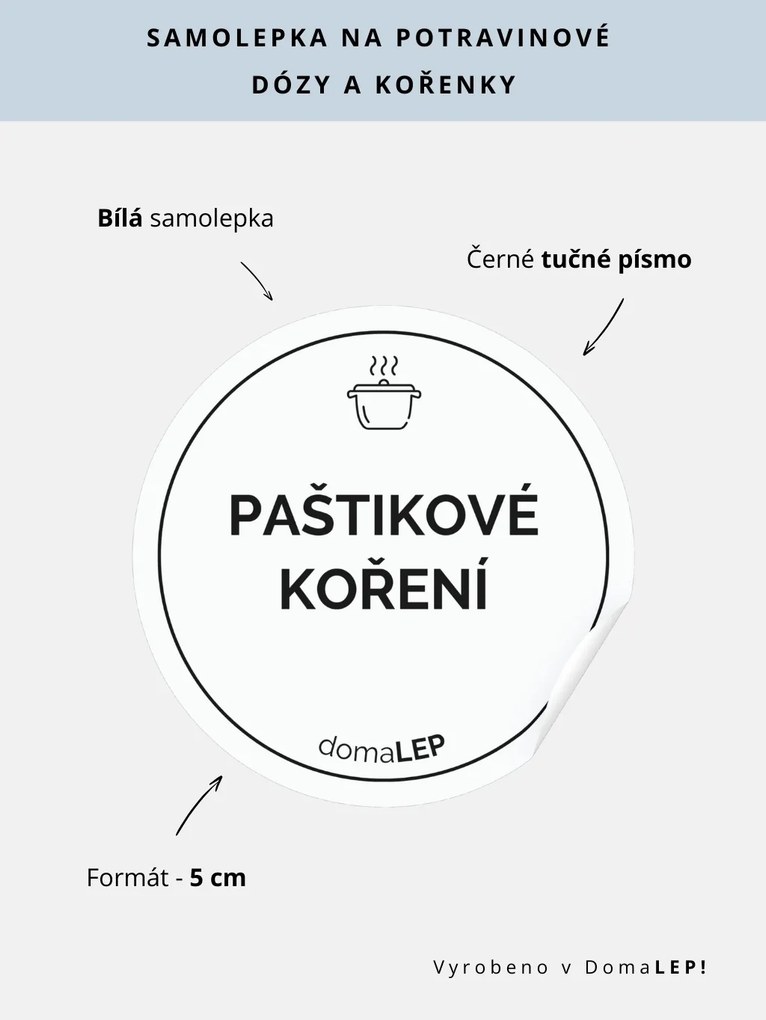 Samolepka na kořenky PAŠTIKOVÉ KOŘENÍ bílá 5 cm tučné písmo