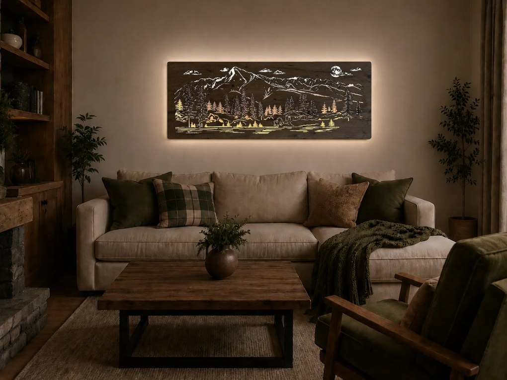 Li-Go "Chata v horách" světelný obraz s baterií a pohybovým čidlem 130x50 cm provedení povrchu: bříza